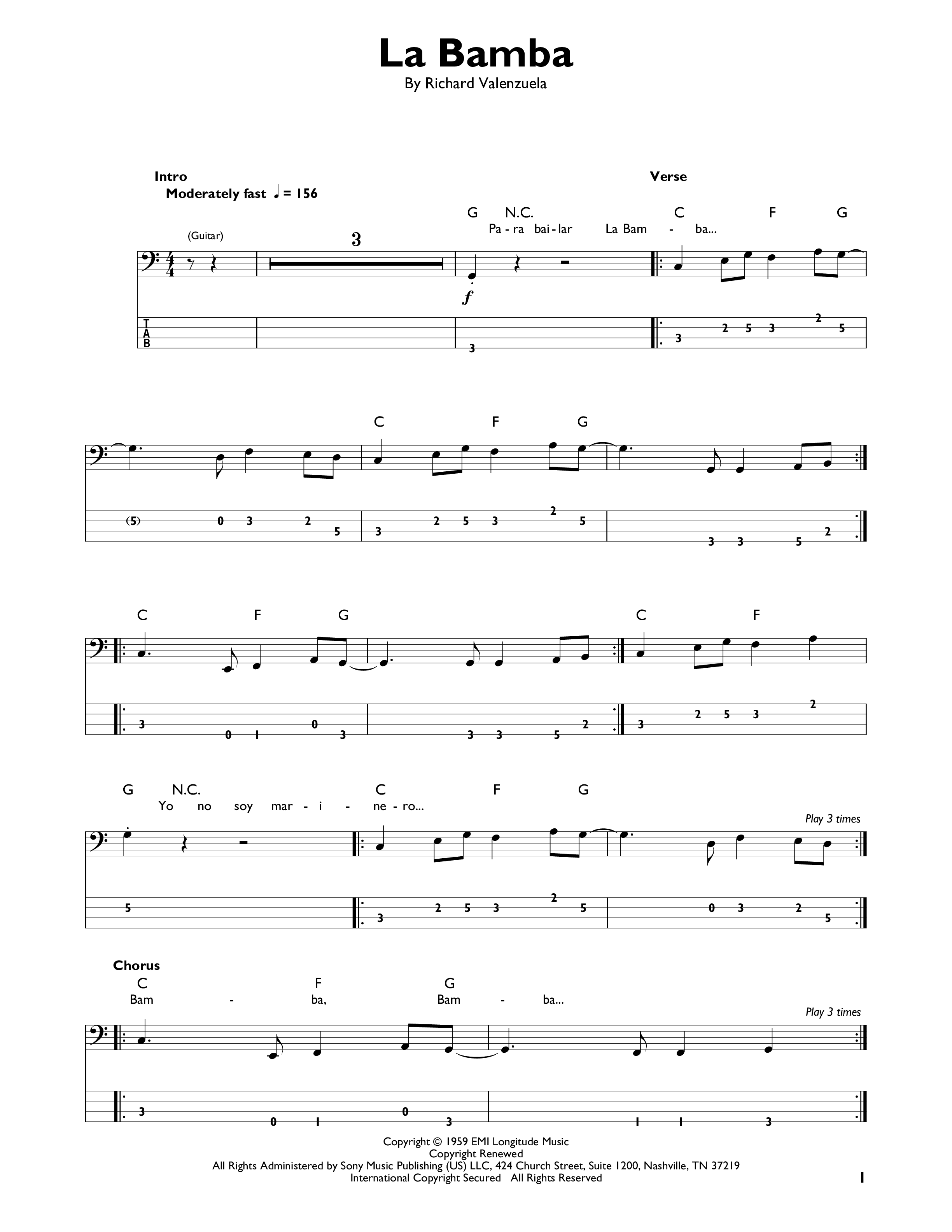 Play Official version of La bamba Sheet Music by Los Lobos for Bass ...