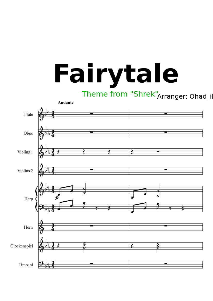 ♫FAIRYTALE (Theme from "Shrek") score♫ Sheet music for Flute, Oboe ...