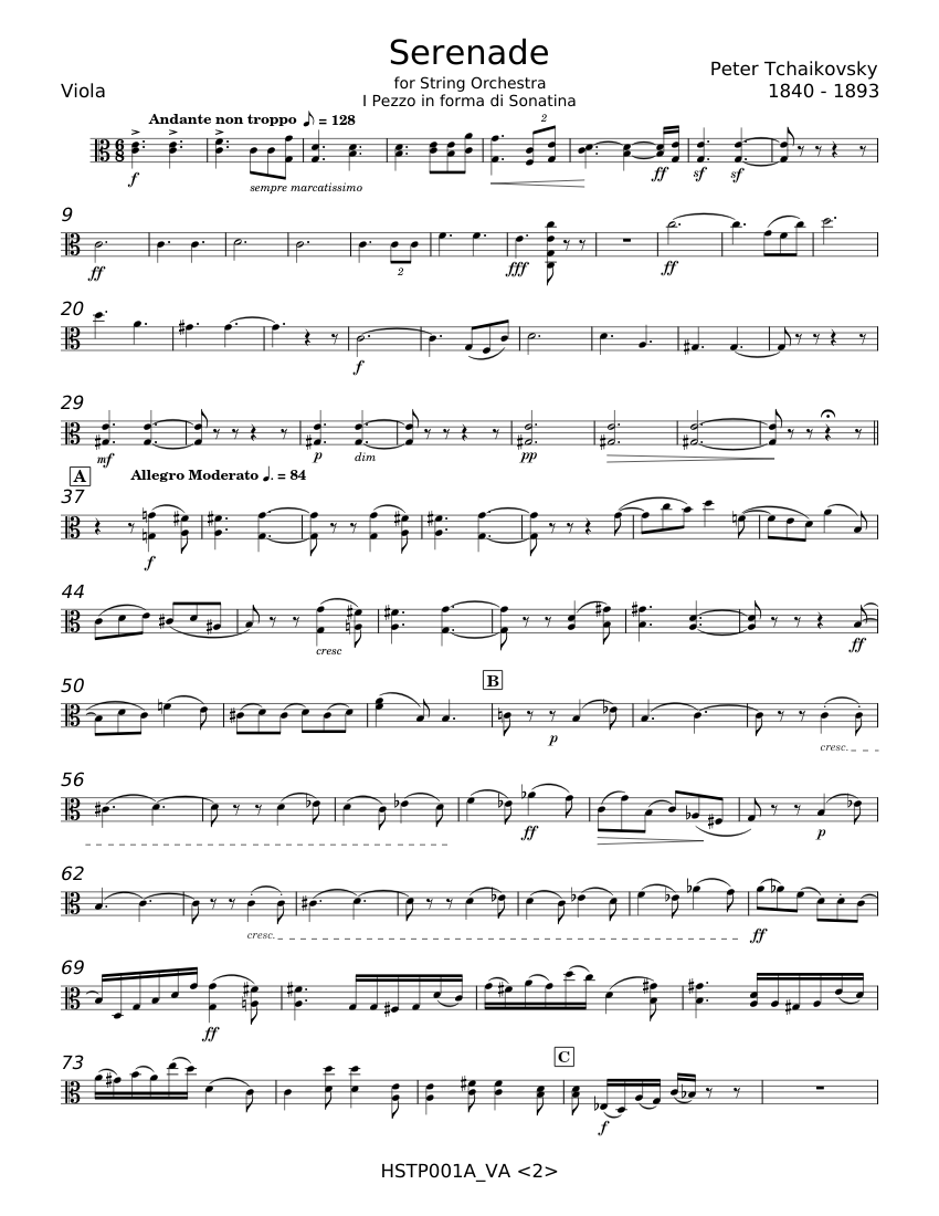 Serenade for String Orchestra, Op.48 - Pyotr Ilyich Tchaikovsky Sheet music for Viola (Solo ...