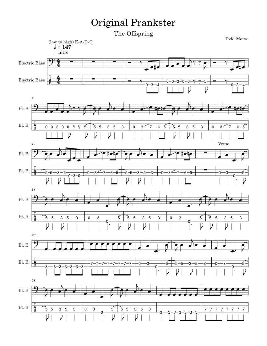 "Original Prankster" by The Offspring (Bass) Sheet music (Solo ...