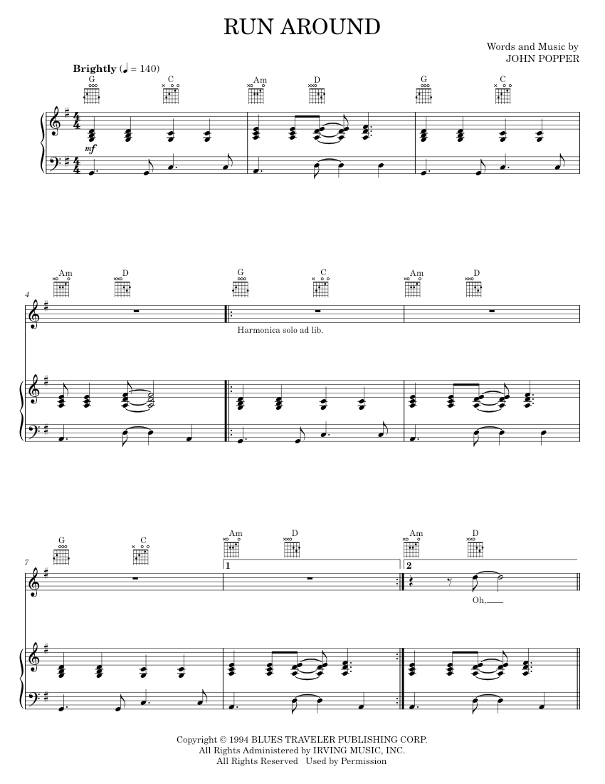 run-around Sheet music for Piano, Vocals by Blues Traveler Official ...