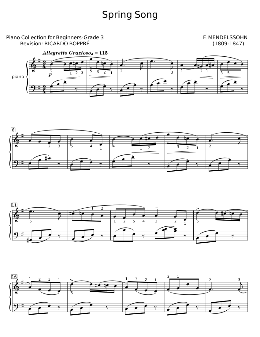Spring Song - F. MENDELSSOHN Sheet Music for Piano (Solo) easy ...