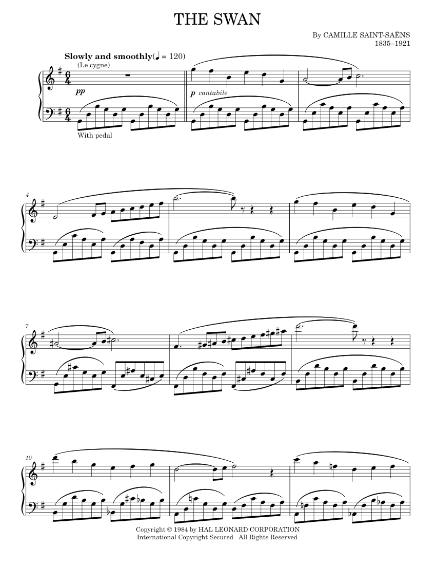 The Swan (Le Cygne) Sheet music for Piano by Camille Saint-Saëns Official | MuseScore.com