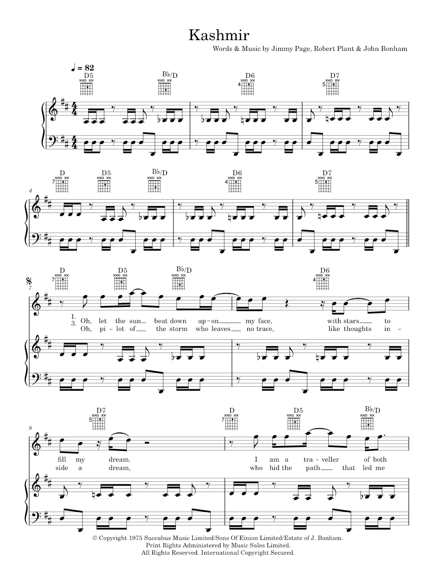 Play Official version of Kashmir Sheet Music by Led Zeppelin for Piano, Vocals | MuseScore.com