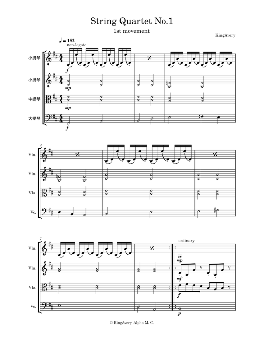 String Quartet No.1 mvt.1 Sheet music for Violin, Viola, Cello (String Quartet) | Musescore.com
