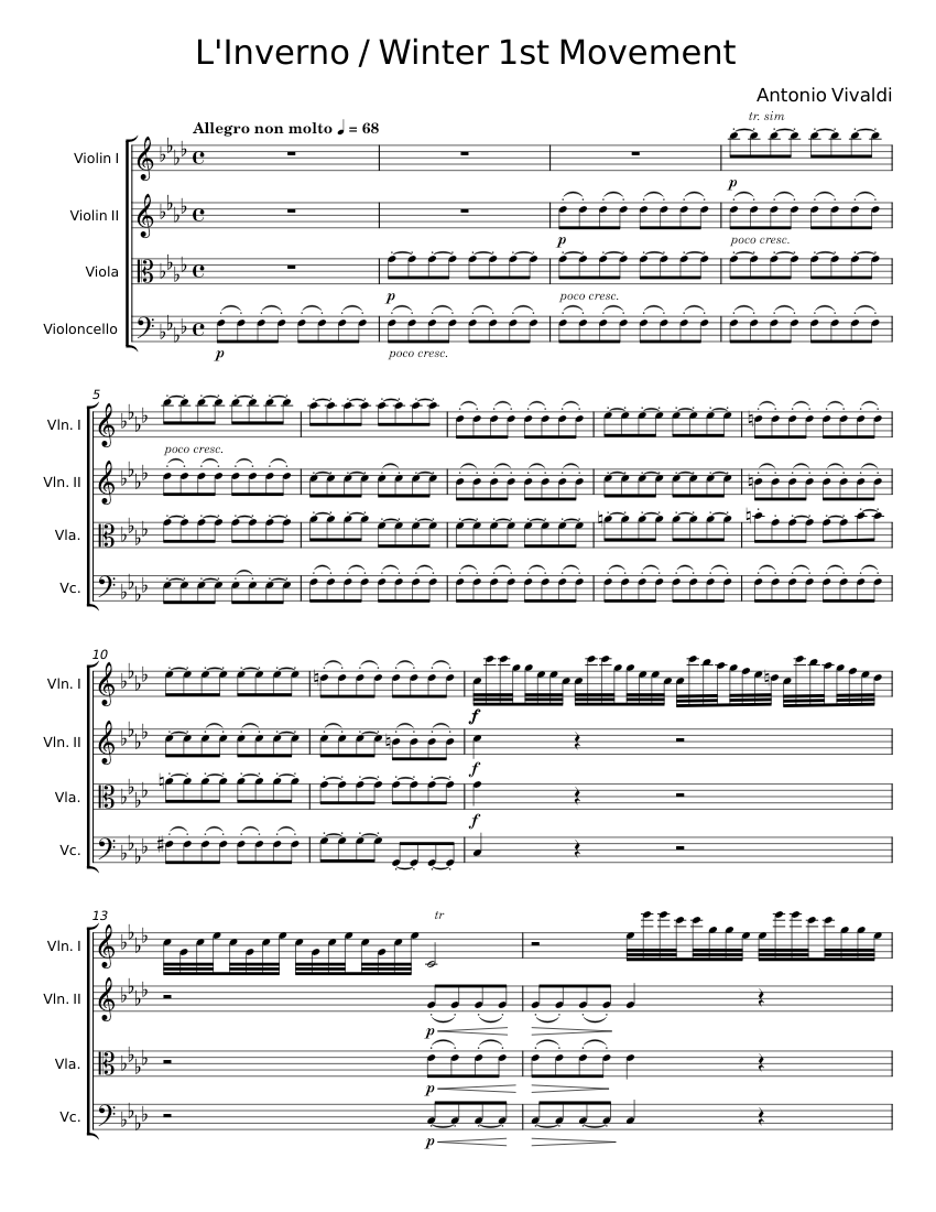 Winter First Movement Complete Solo - Antonio Vivaldi Sheet music for Violin, Viola, Cello ...