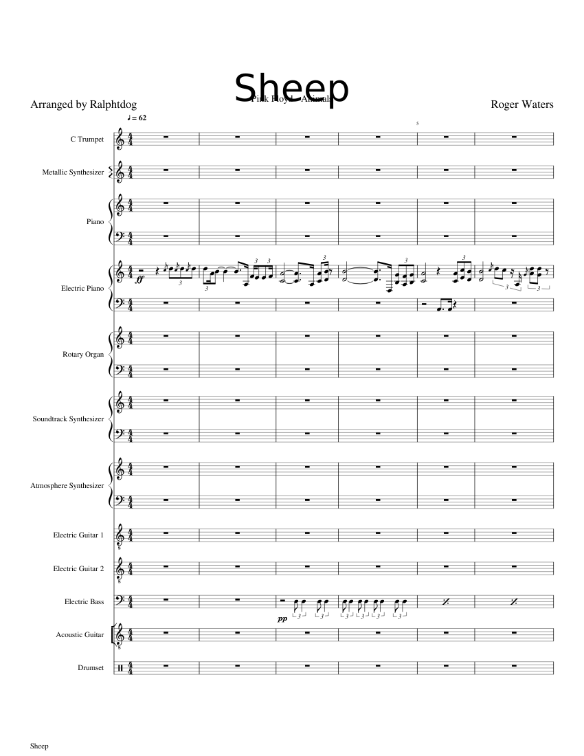 Pink Floyd - Animals - Sheep Sheet Music for Piano, Organ, Guitar, Bass ...
