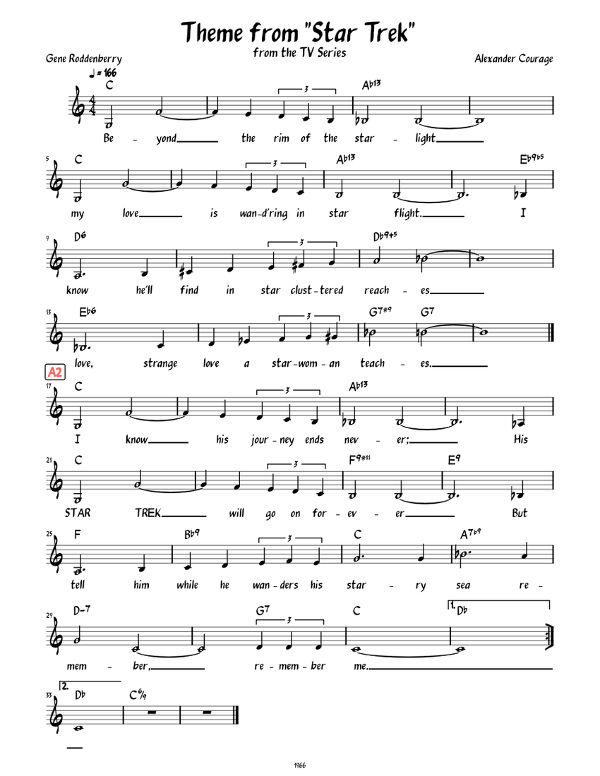 Star Trek TV Theme (Lead sheet with lyrics ) Sheet music for Piano ...