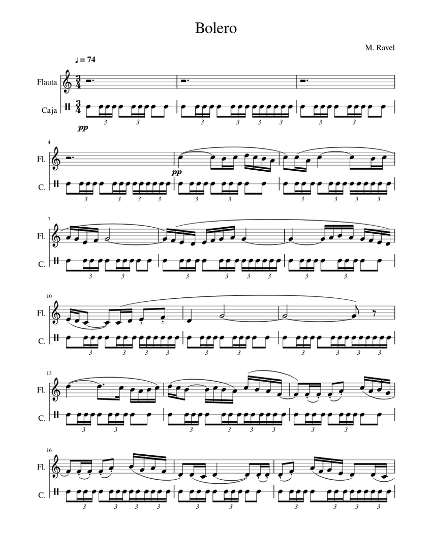 Bolero - M. Ravel Sheet music for Flute, Snare drum (Mixed Duet ...