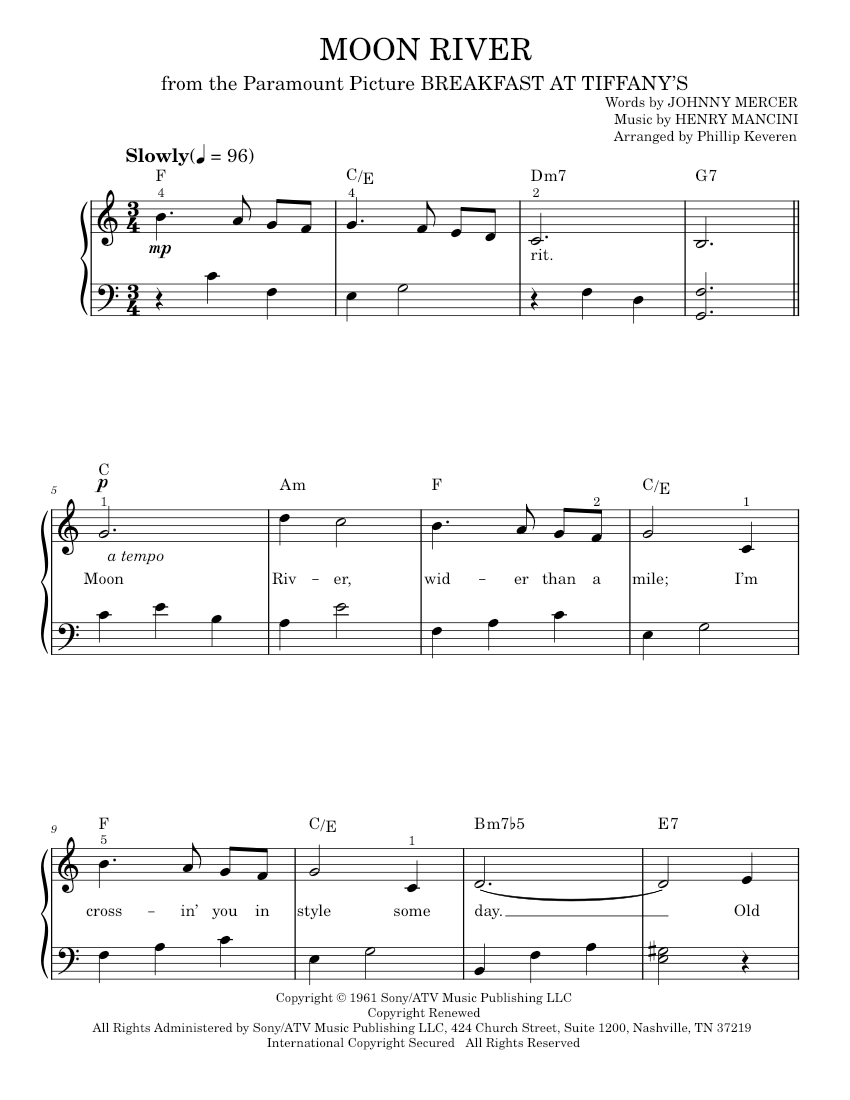 Moon River Sheet music for Piano: Music Notes