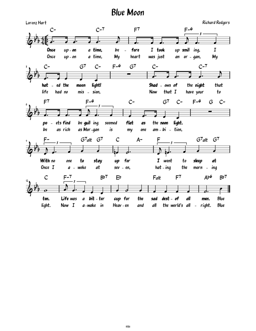 Blue Moon (Lead sheet with lyrics and verses ) Sheet music for Bass ...