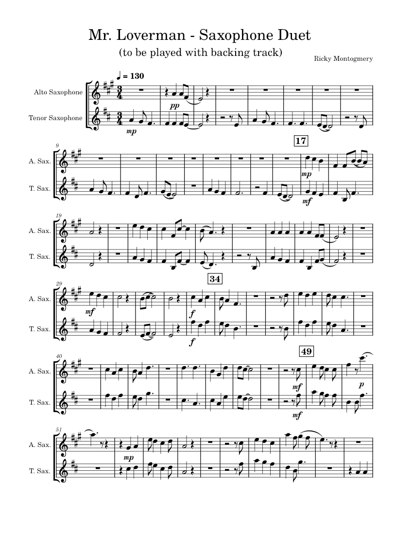 Mr loverman – Ricky Montgomery Saxophone Duet Sheet music for Saxophone ...