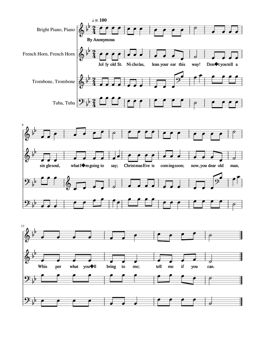 Jolly Old St Nicholas Sheet music for Piano, French horn, Trombone ...