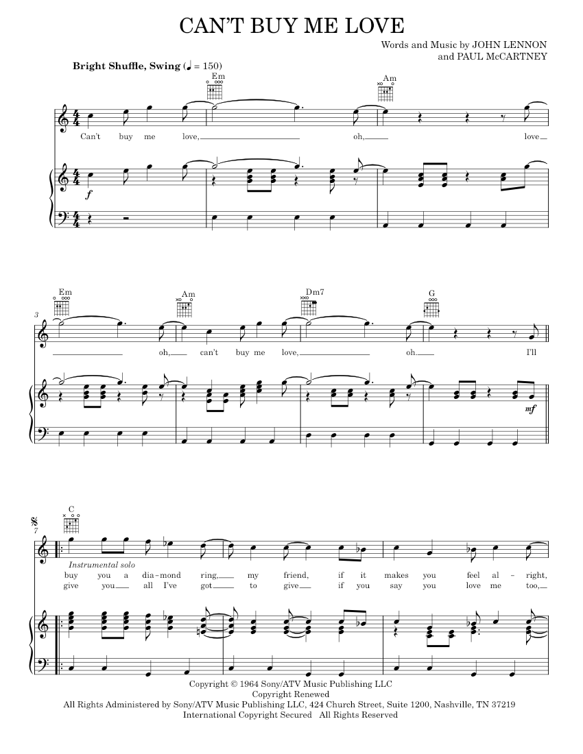 Can't Buy Me Love Sheet music for Piano, Vocals by The Beatles Official ...