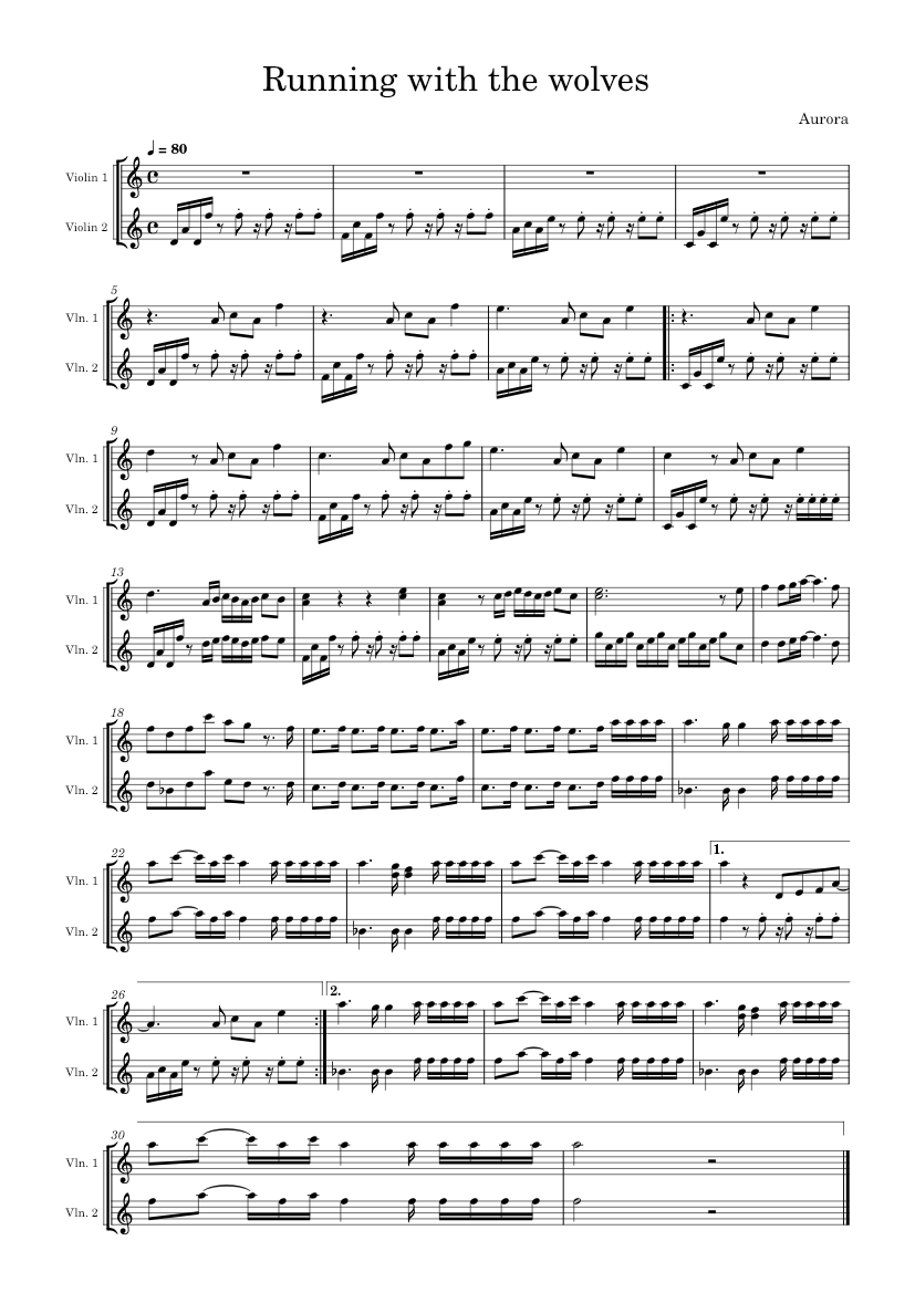 Running with the wolves for two violins Sheet music for Violin (String ...