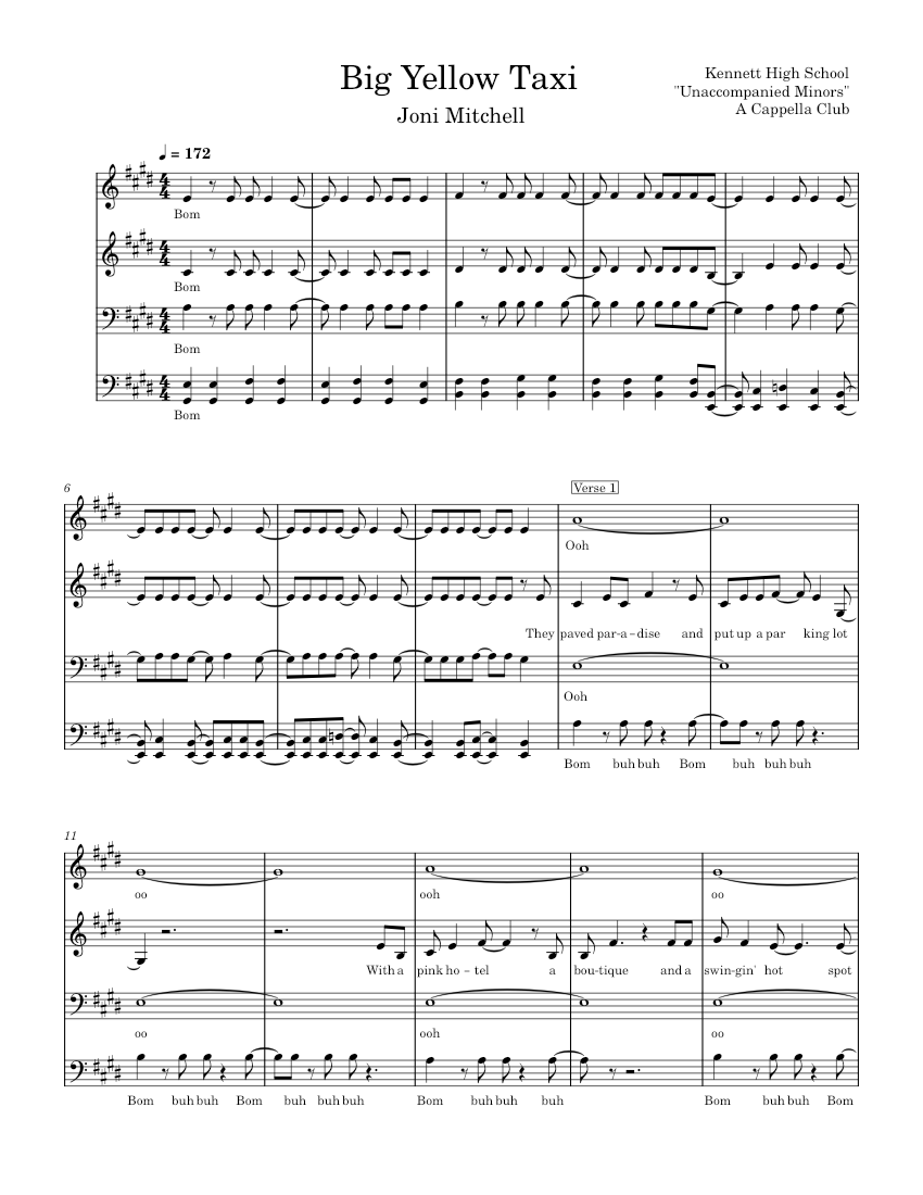 Big yellow taxi – Joni Mitchell A Cappella Arrangement Sheet Music for ...