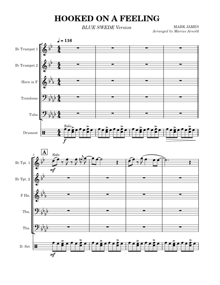 Hooked On A Feeling • Brass Quintet Sheet Music for Trombone, Cornet, Tuba, French horn & more ...