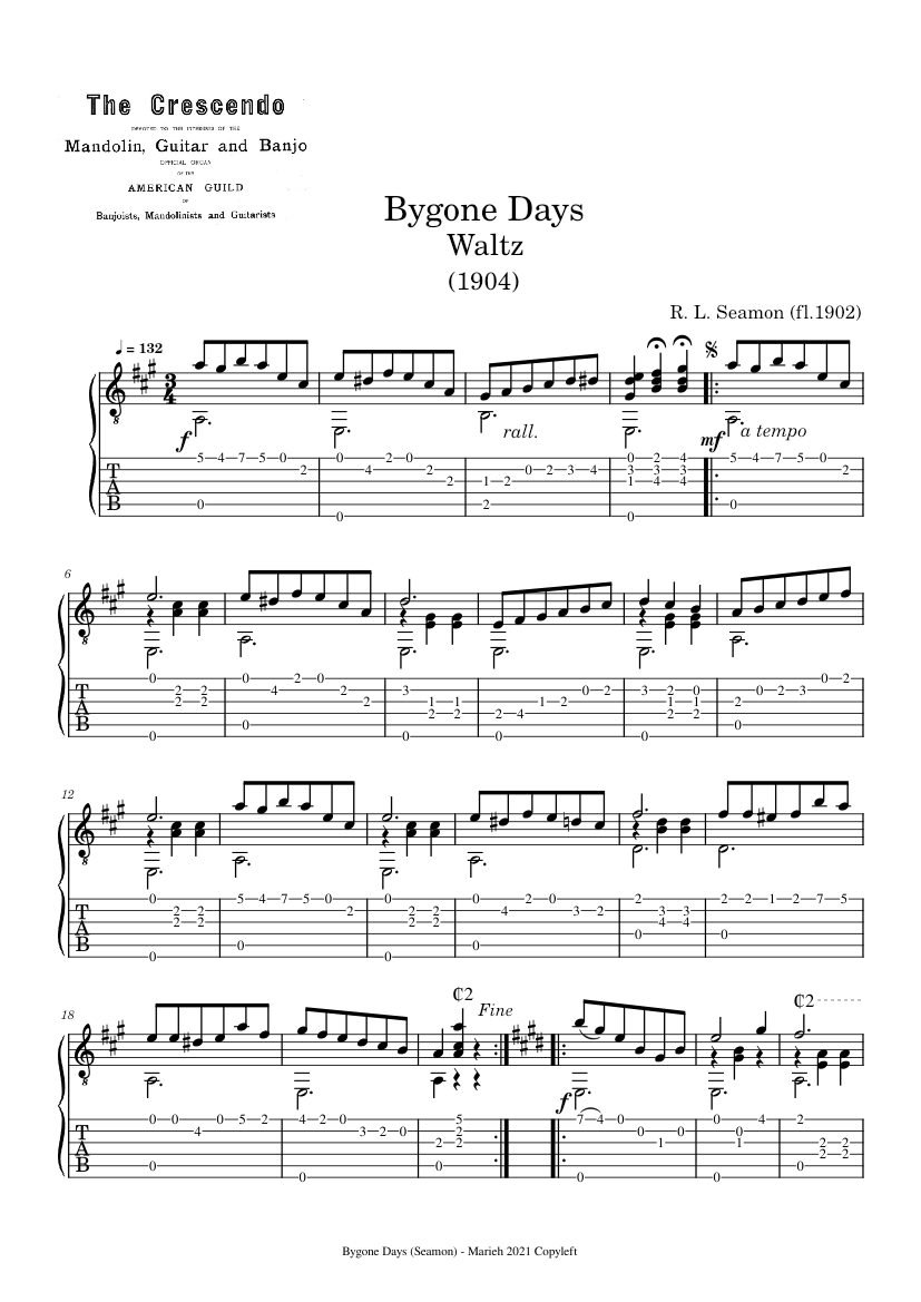 Bygone Days – R. L. Seamon (fl.1902) - Tablature Sheet music for Guitar ...