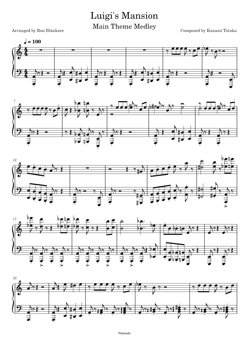 Luigi's Mansion Main Theme Medley Sheet Music for Piano (Solo ...