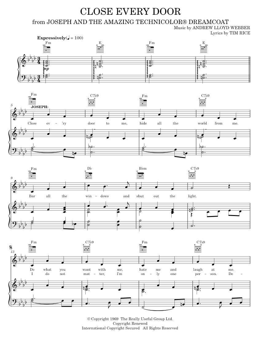 Play Official version of Close every door Sheet Music by Andrew Lloyd Webber for Piano, Vocals ...