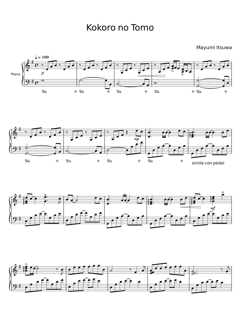 Kokoro no tomo - Mayumi Itsuwa Sheet Music for Piano (Solo) | MuseScore.com