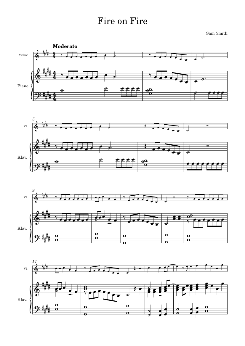 Fire on fire – Sam Smith Sheet Music for Piano, Violin (Mixed Duet ...