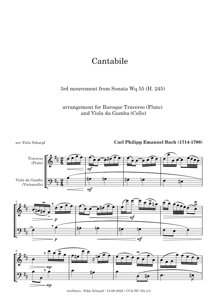 Cantabile - Sonata Wq 55:3 (H 245) Carl Philipp Emanuel Bach - arr. for Flute and Cello Sheet ...