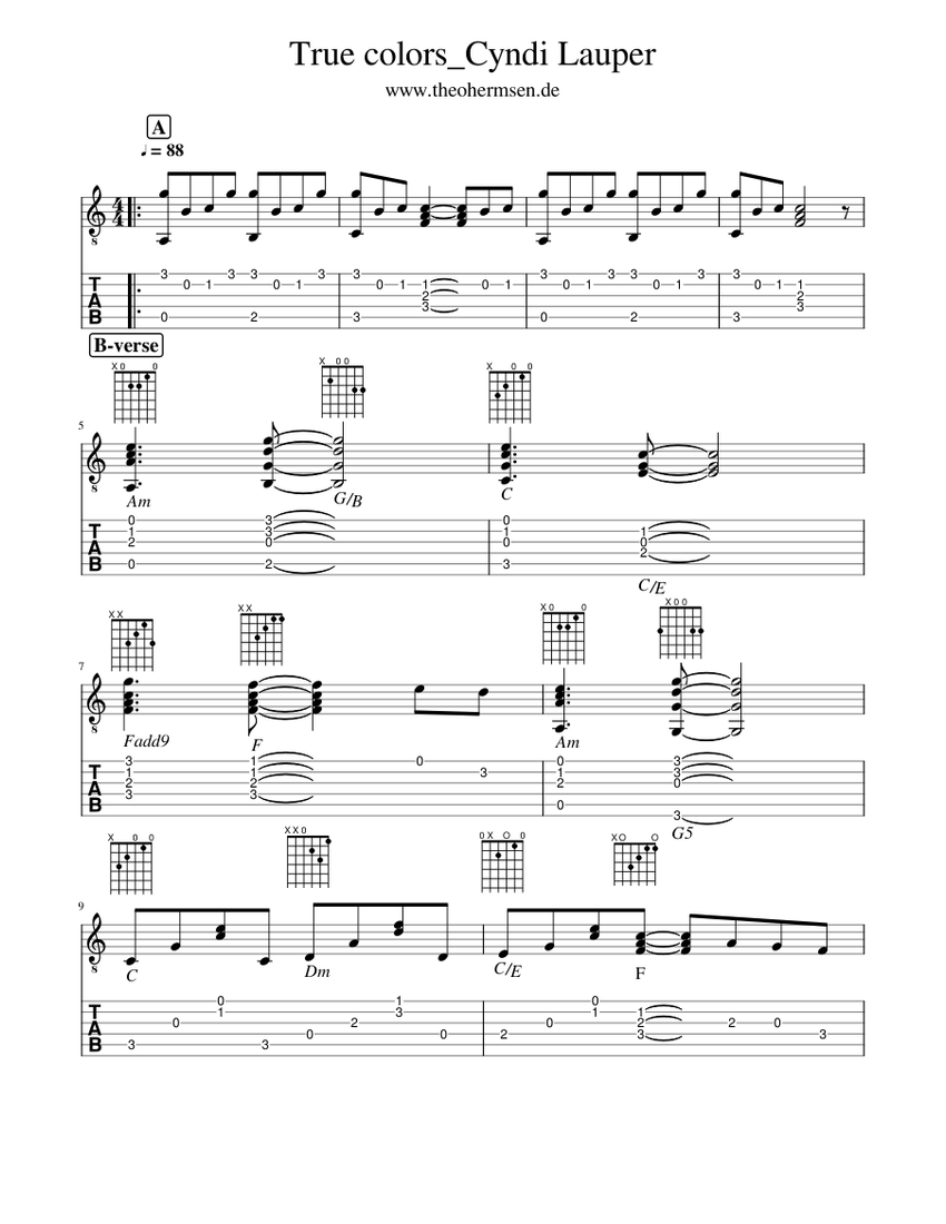 True colors Cyndi Lauper Sheet music for Guitar (Solo) | Musescore.com