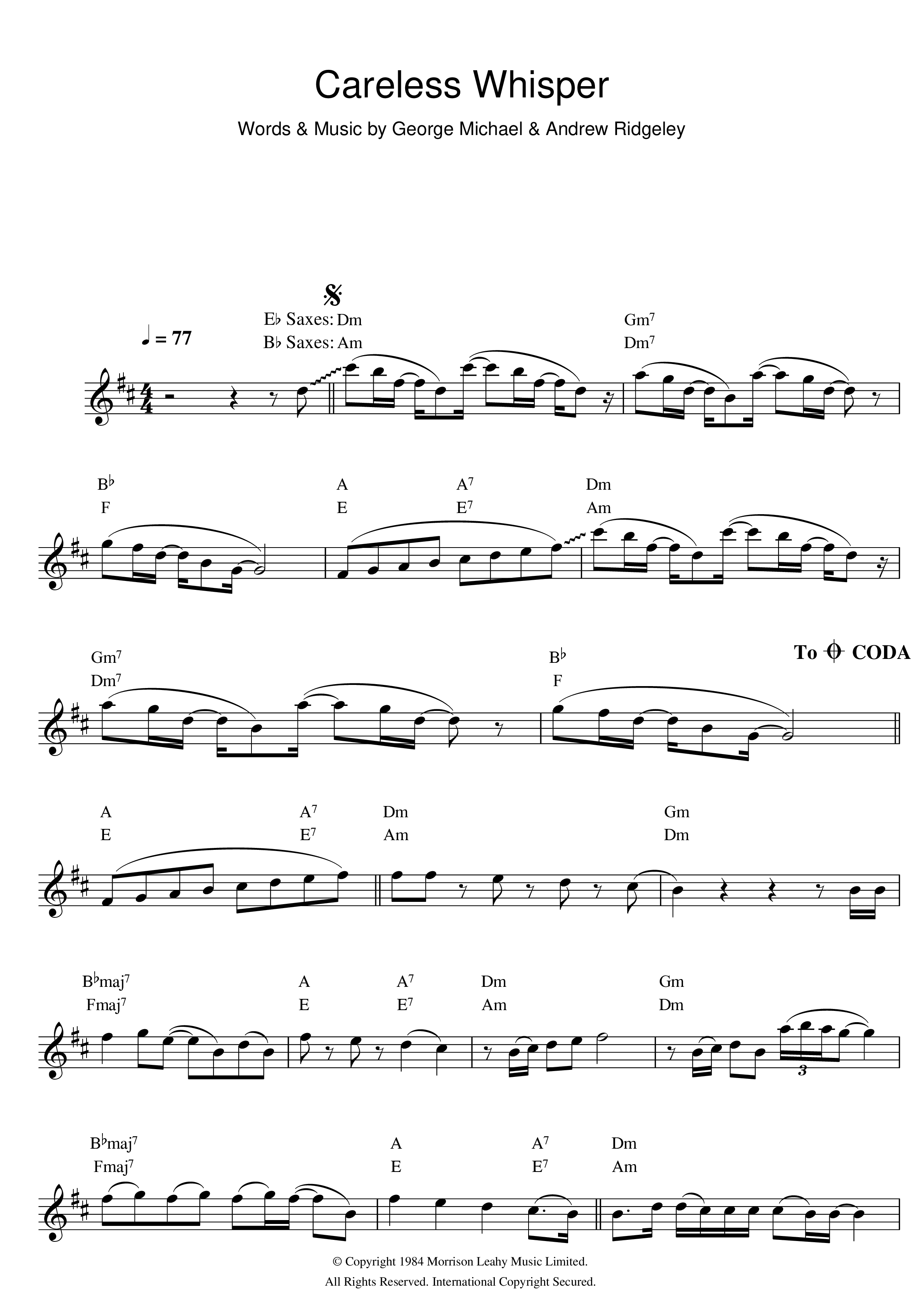 Play Official version of Careless Whisper sheet music by George Michael for Saxophone other ...