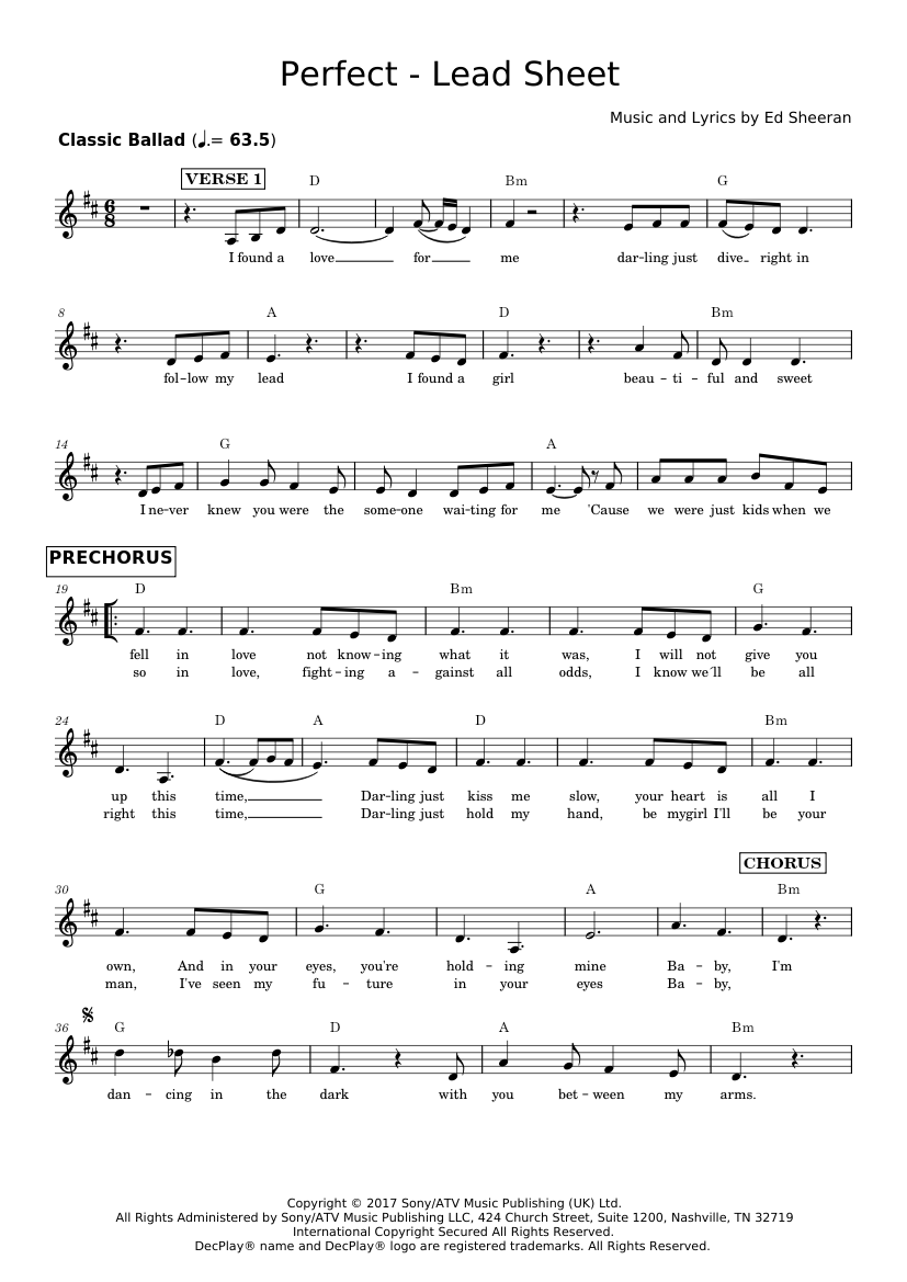 Perfect – Ed Sheeran Leadsheet in D (singable in school) Sheet music ...