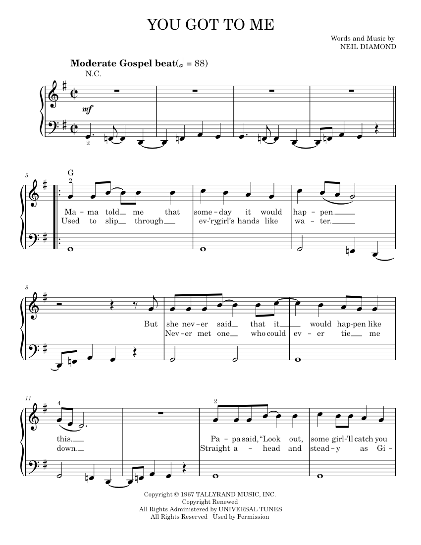Play Official version of You got to me sheet music by Neil Diamond for ...