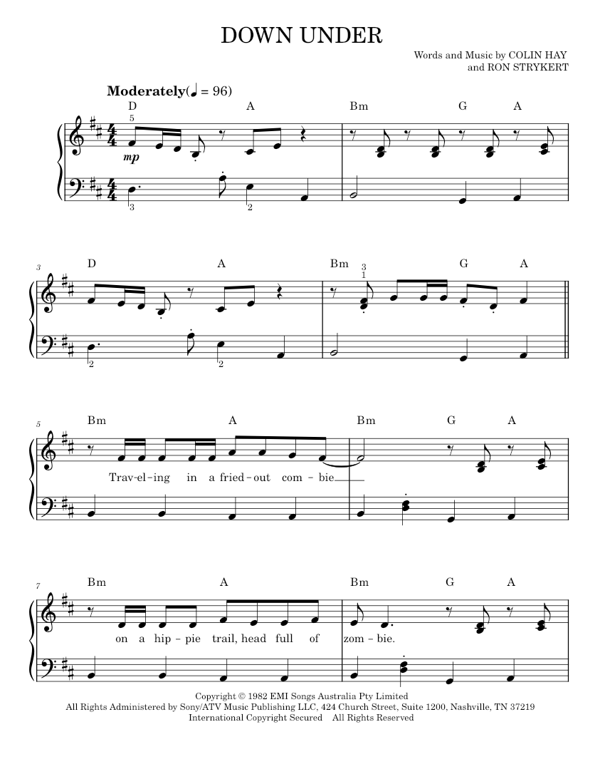 Play Official version of Down under Sheet Music by Men at Work for ...