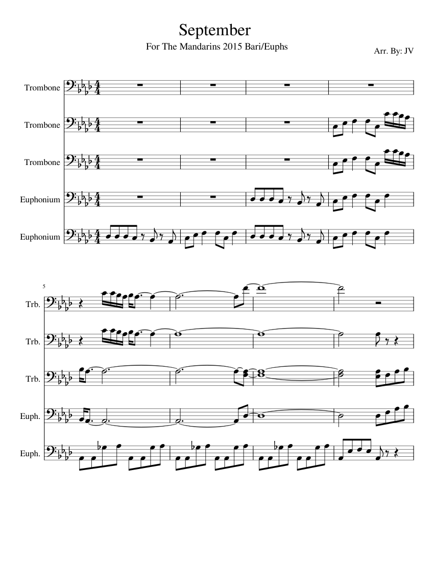 September Sheet Music for Trombone, Euphonium (Mixed Quintet ...