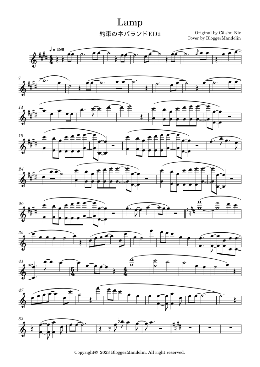 Lamp – Cö Shu Nie | The Promised Neverland ED2 Mandolin Sheet Music ...