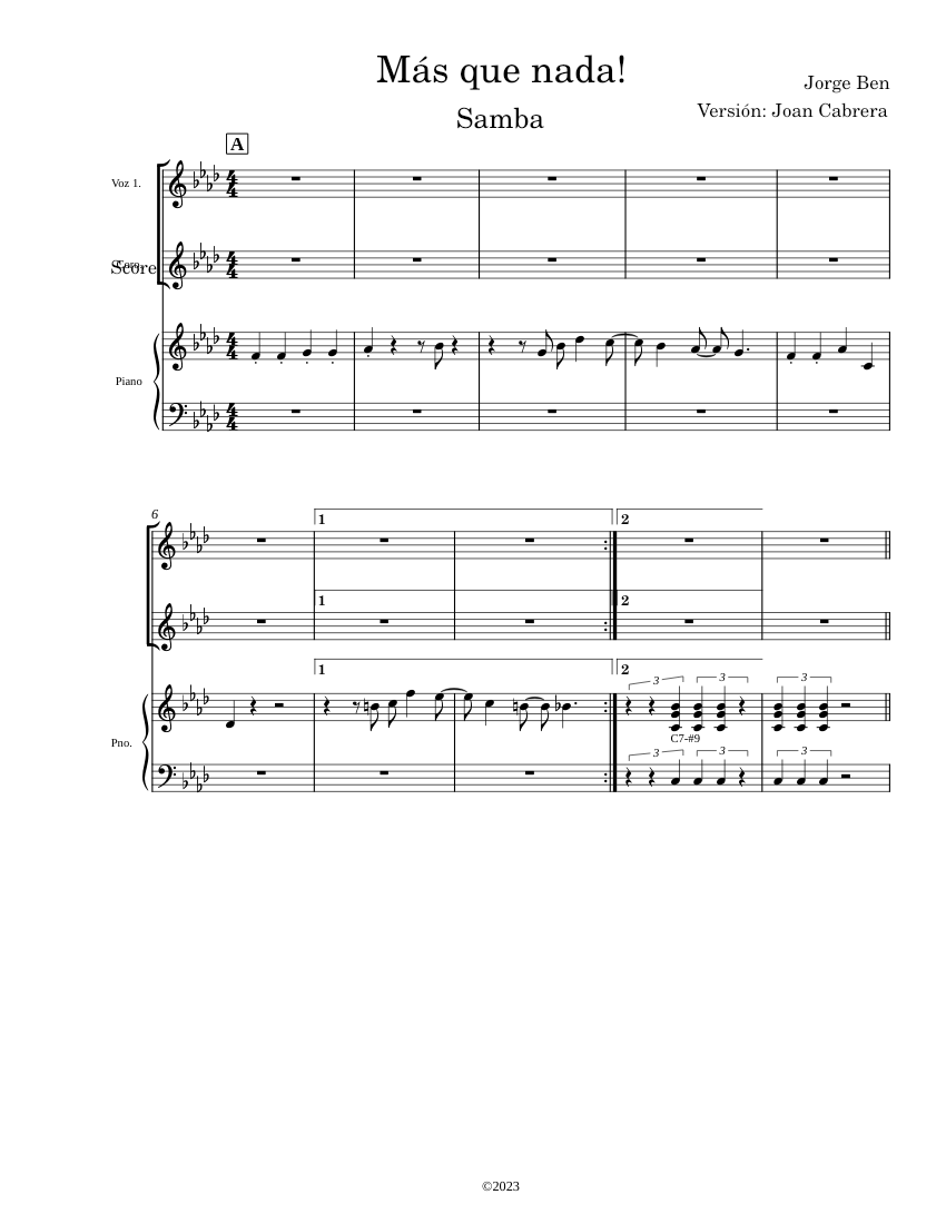 Mas que nada – Jorge Ben Jor Mas que nada voces Sheet music for Piano ...