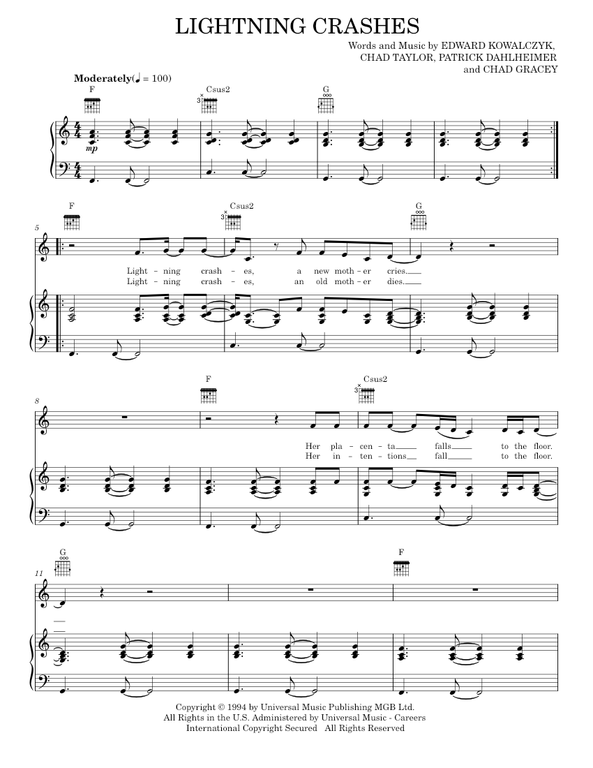 Play Official version of Lightning crashes Sheet Music by Live for ...