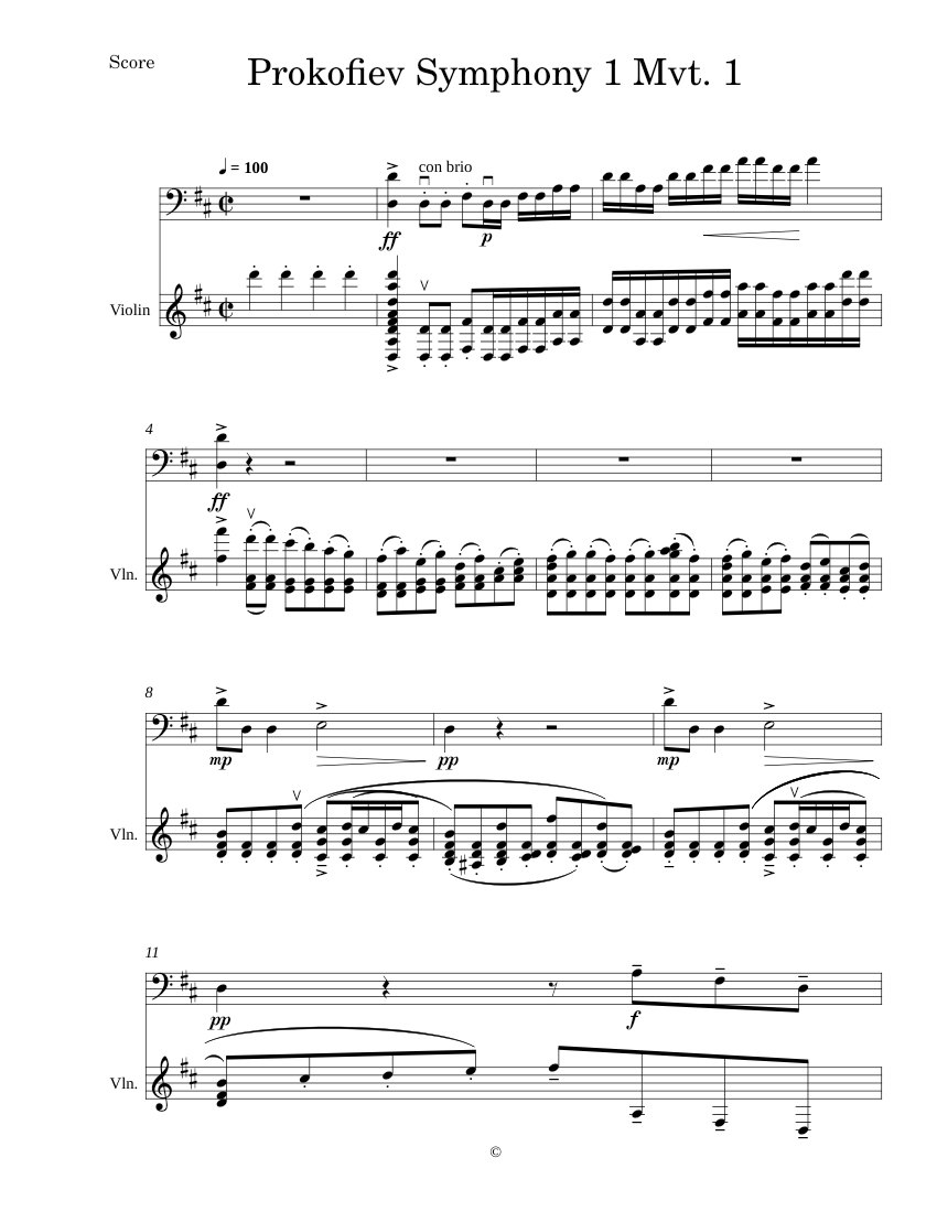 Prokofiev Symphony 1 Mvt. 1 cello Sheet music for Piano, Violin (Solo ...