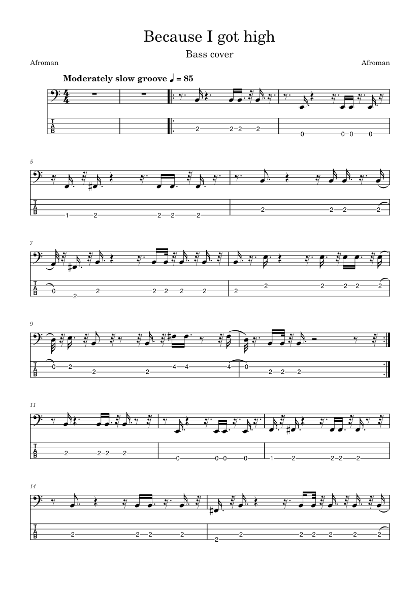 Because i got high – Afroman (Bass cover) Sheet Music and Tab for Bass guitar (Solo) | MuseScore.com