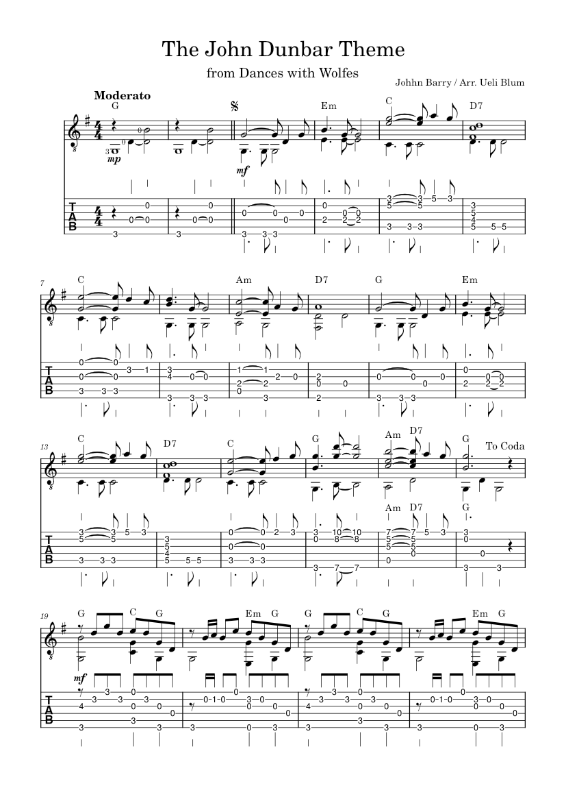 The John Dunbar Theme Sheet Music for Guitar (Solo) | MuseScore.com