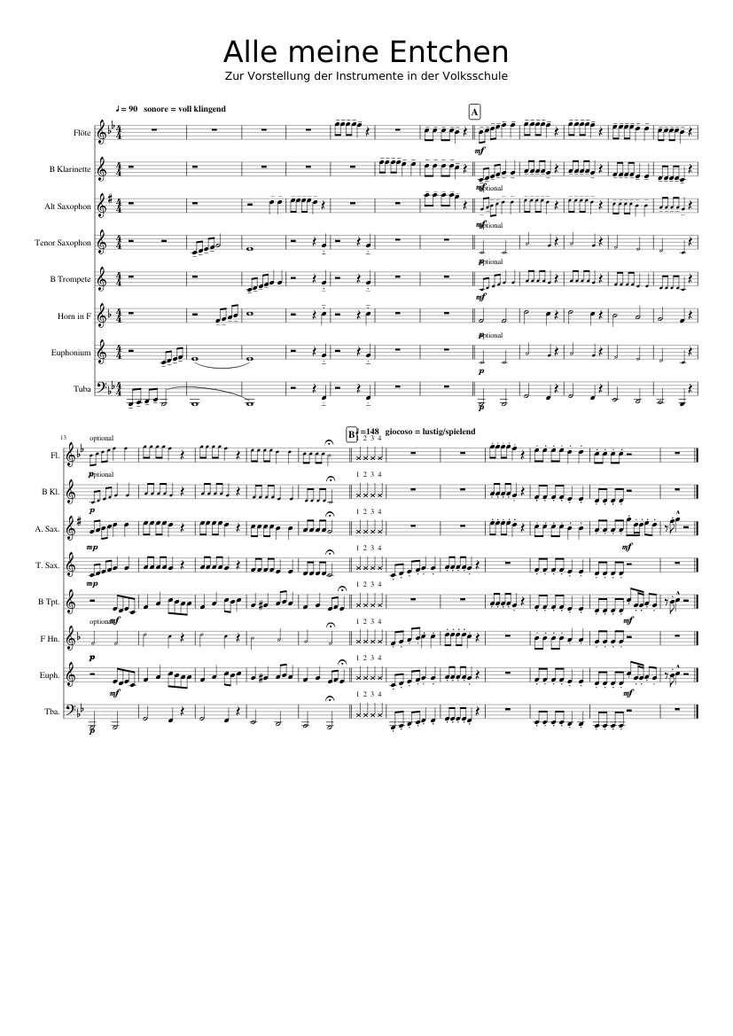Alle meine Entchen Sheet music for Euphonium, Tuba, Flute, Clarinet in ...