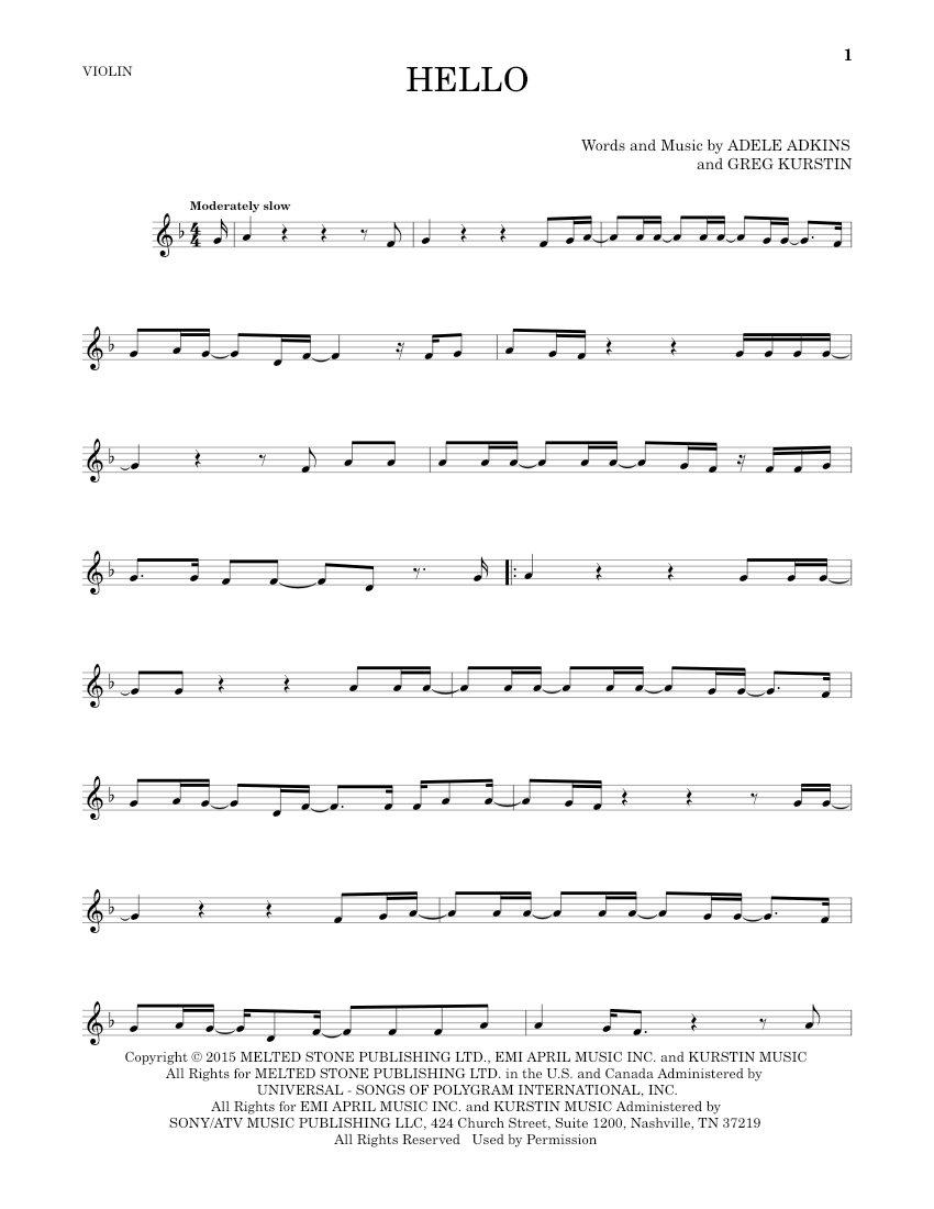 Play Official version of Hello sheet music by Adele for Violin ...