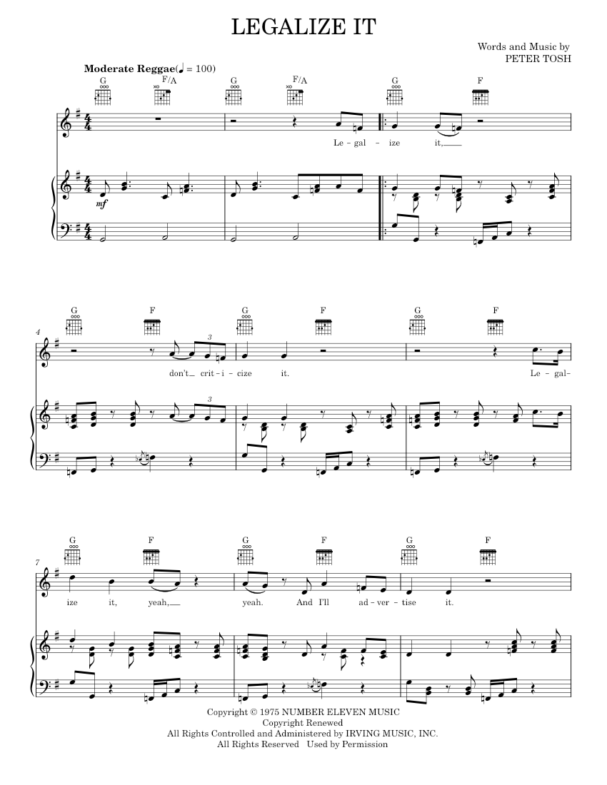 legalize it Sheet music for Piano, Vocals: Music Notes