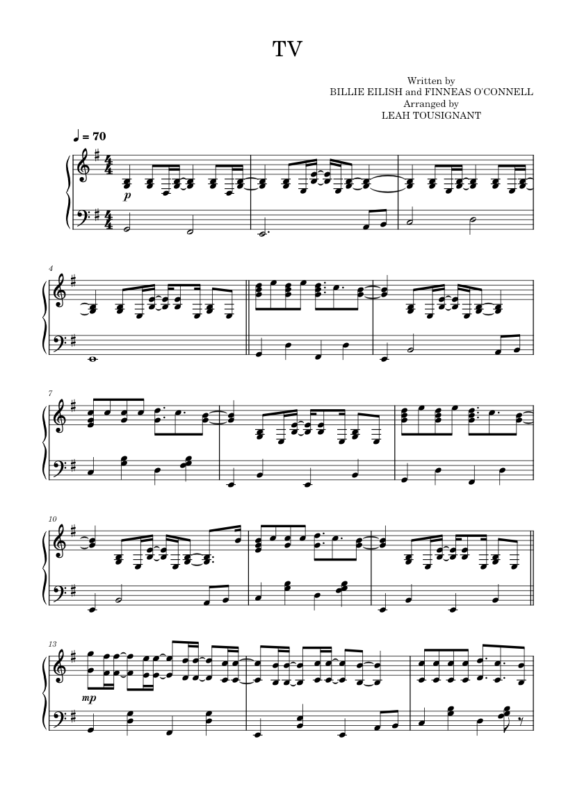 TV – Billie Eilish (Sample) Sheet Music for Piano (Solo) easy ...