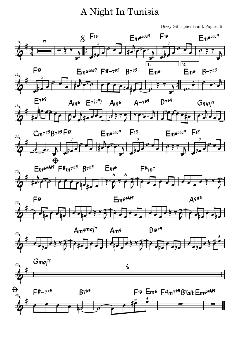 A Night In Tunisia Dizzy Gillespie Sheet Music With Chords For