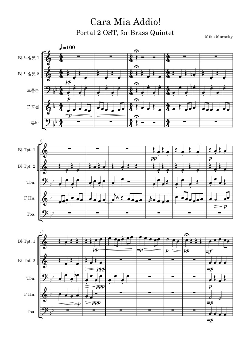 O Cara Mia Addio – Mike Morasky (for brass quintet) Sheet music for Trombone, Tuba, Trumpet in b ...