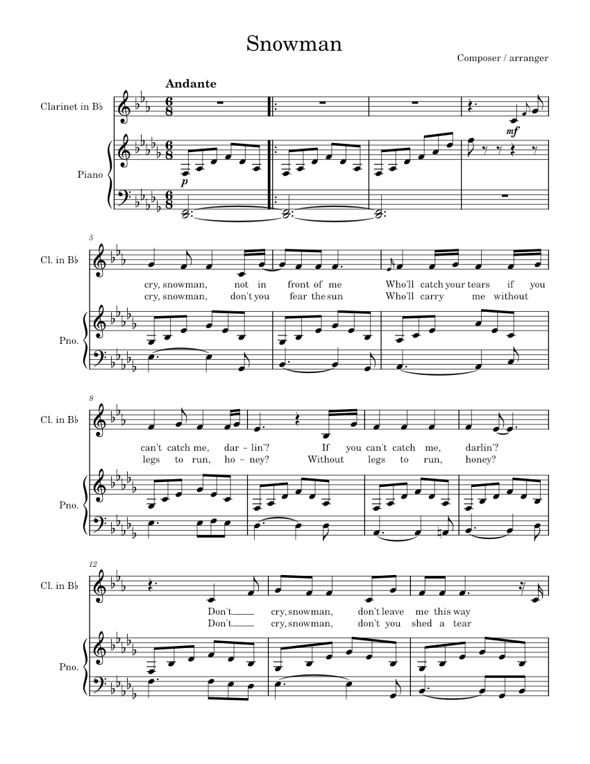 Snowman – Sia (Duet) Sheet Music for Piano, Clarinet other (Mixed Duet ...
