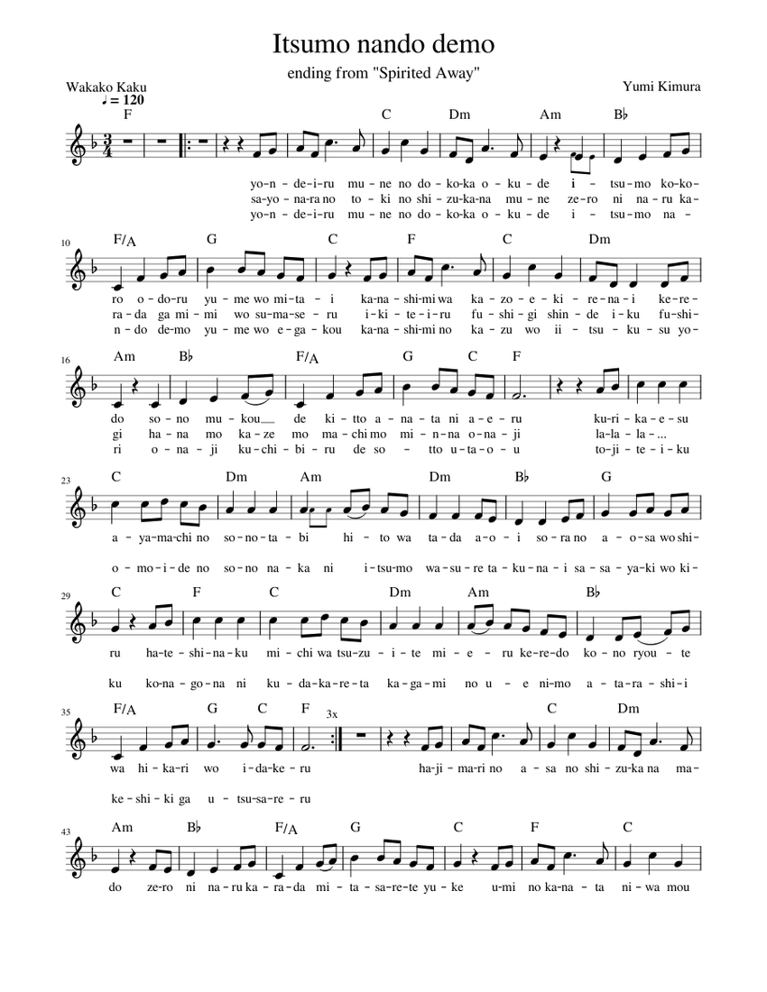 Itsumo nando demo (from "Spirited Away", romaji) Sheet music for Vocals ...