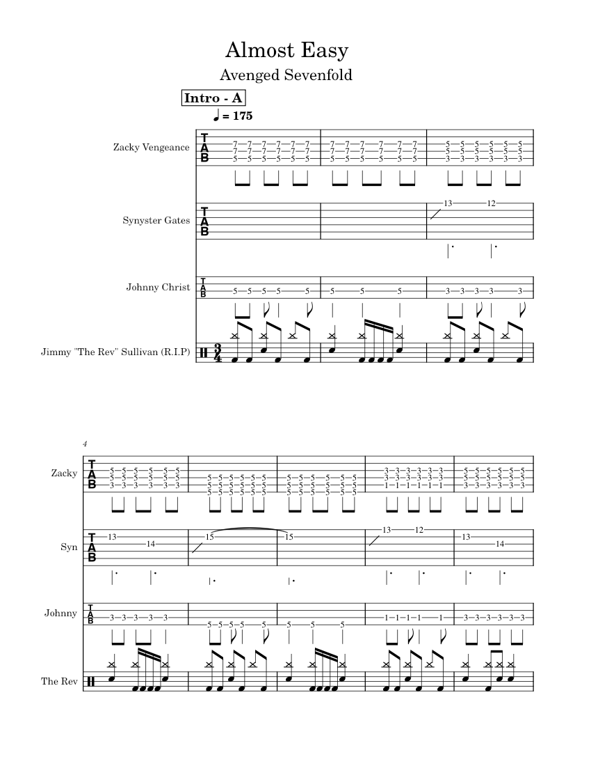Almost easy – Avenged Sevenfold Sheet Music and Tab for Guitar, Bass ...