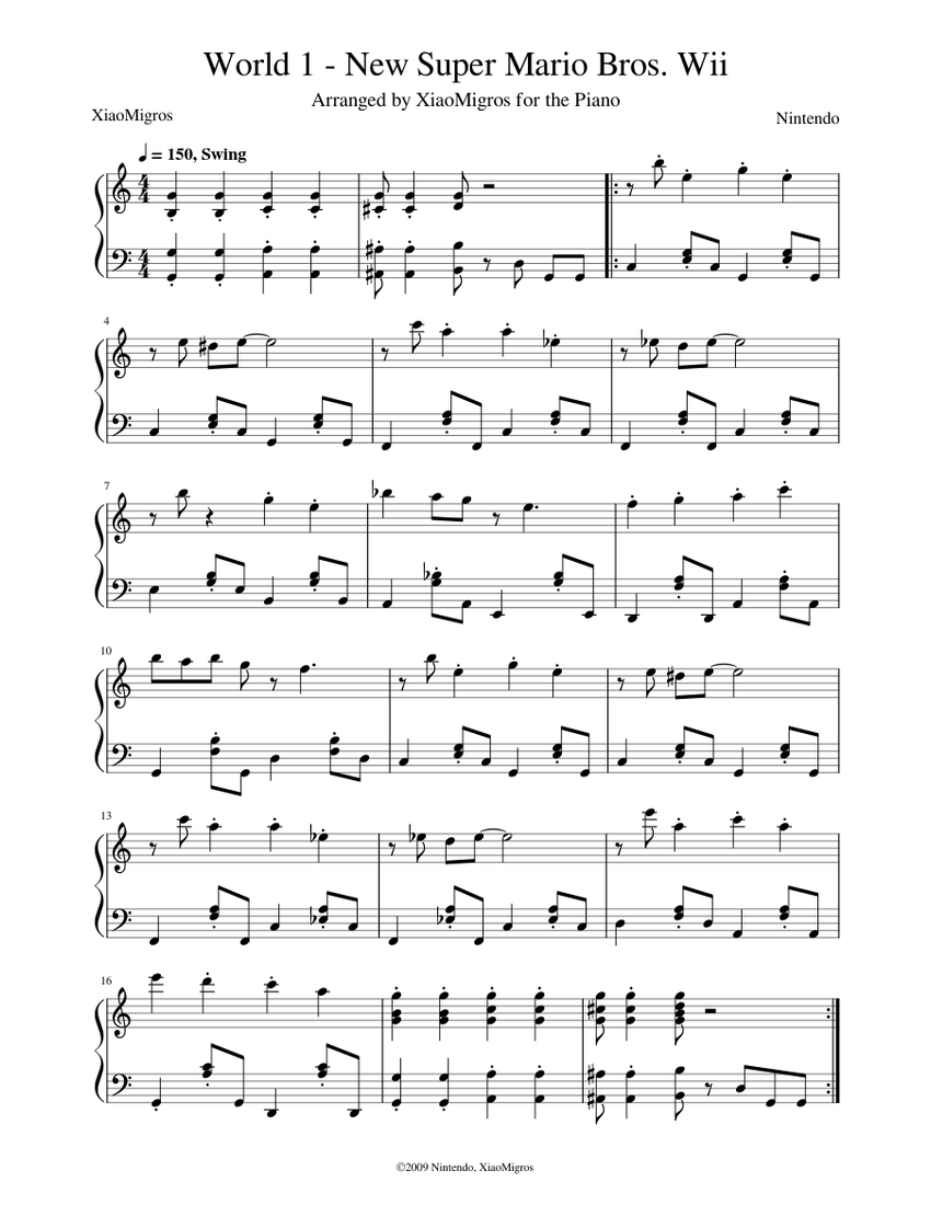 World 1 - New Super Mario Bros Wii Sheet music for Piano (Solo ...