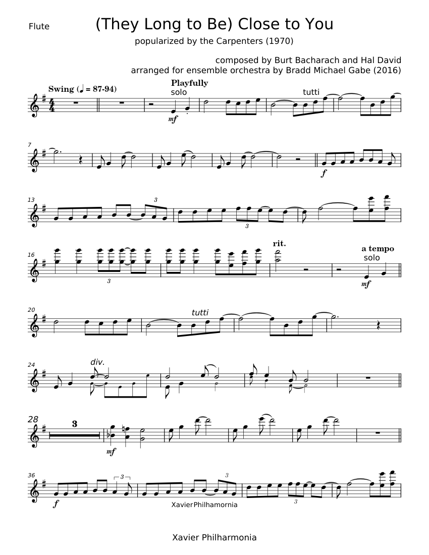 They Long To Be) Close To You - Carpenters Sheet music for Flute (Solo) | Musescore.com